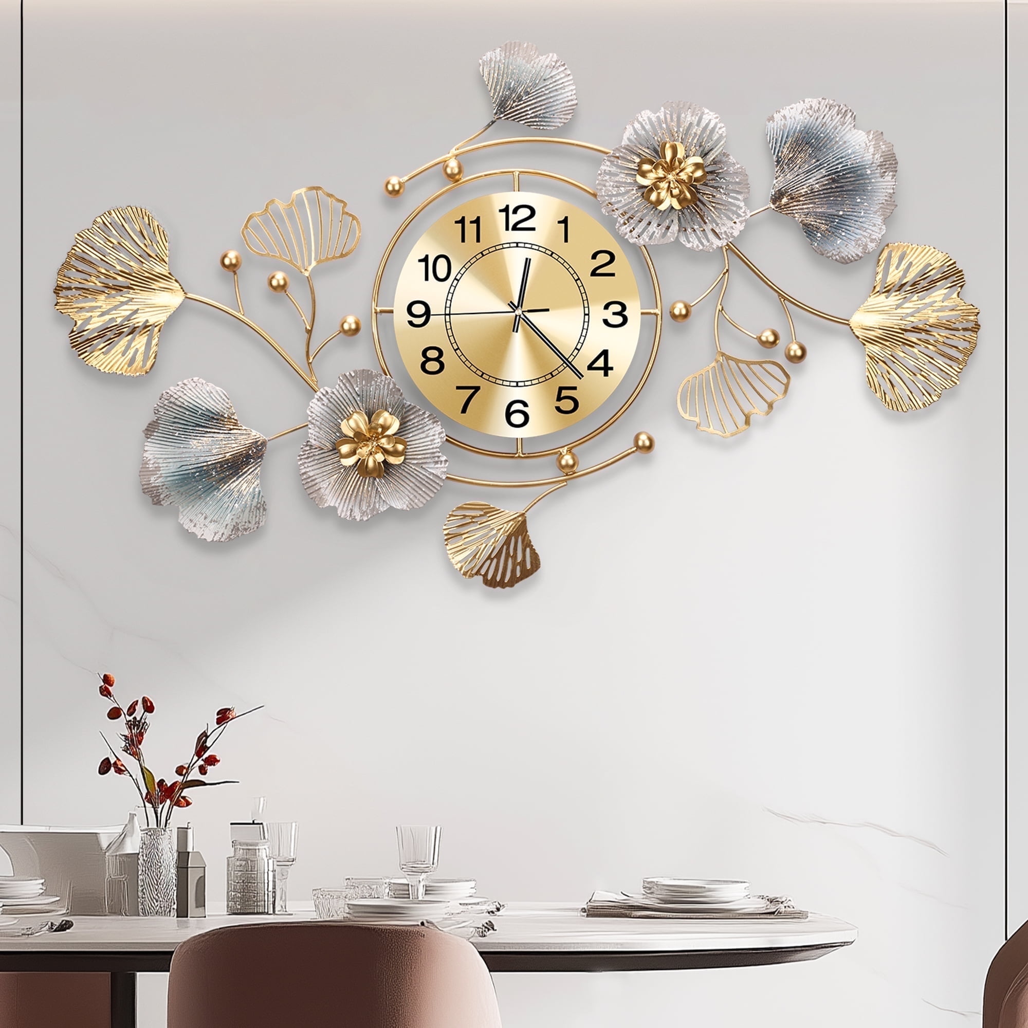 32"Large Wall Clock – 3D Metal Ginkgo Leaf Decorative Wall Clock, Non ...