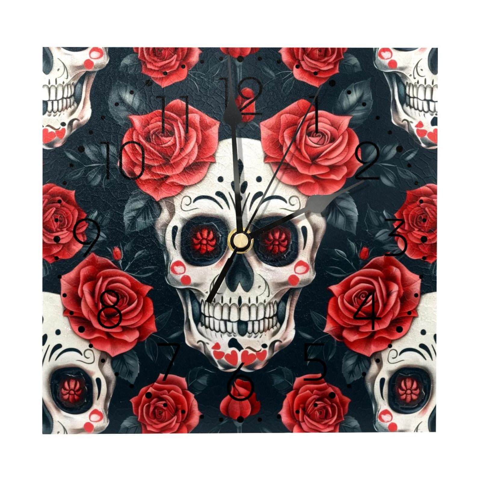 Wall Clocks, Sugar Skull Red Roses Battery Operated Number Clock for ...