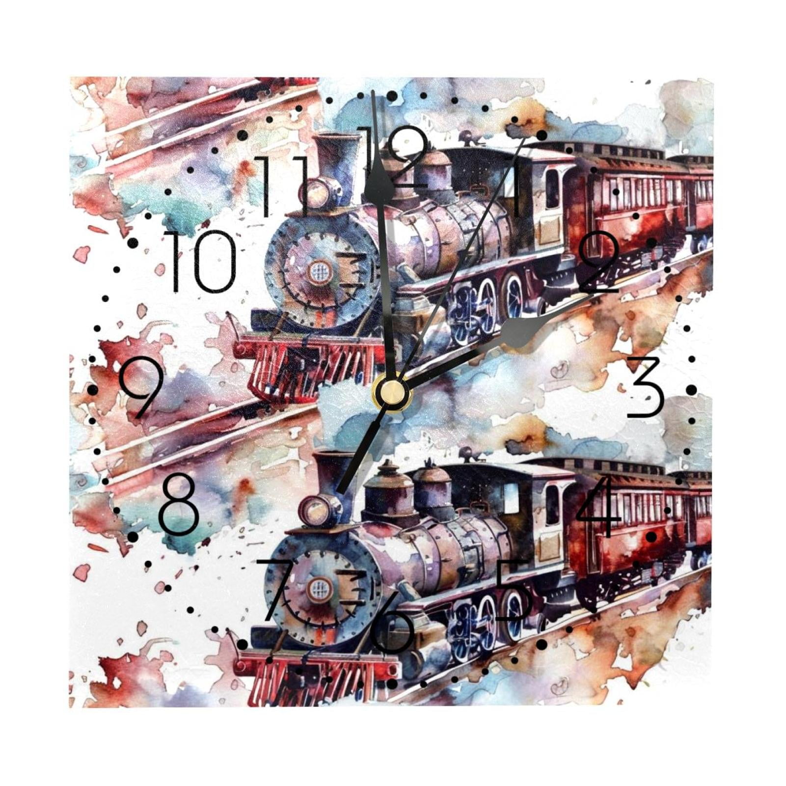 Wall Clocks, Watercolor Trains on Railway Battery Operated Number Clock ...
