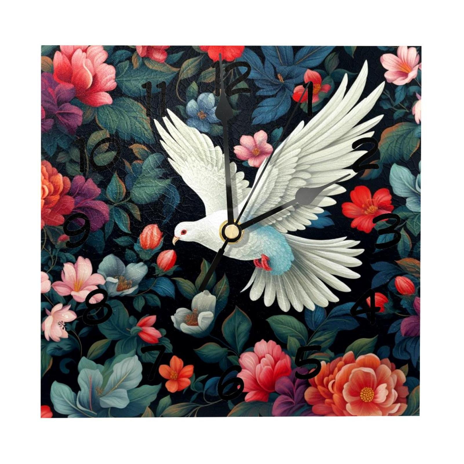 Wall Clocks, White Peace Dove Battery Operated Number Clock for Bedroom ...