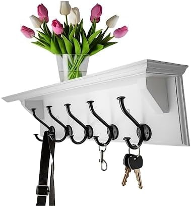 Wall Coat Rack with Shelf – 24” Entryway Shelf with Hooks – Solid Wood ...