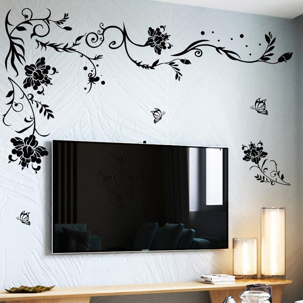 Wall Decals Black Flowers Wall Stickers Butterfly Wall Decor Removable ...