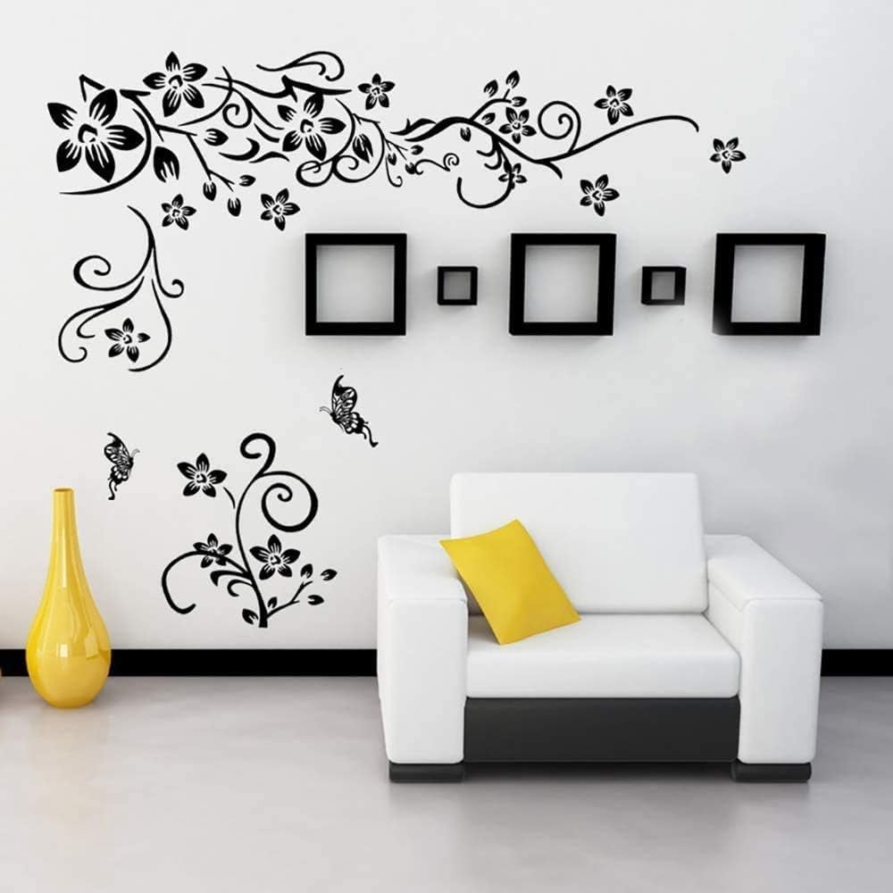 Wall Decals Black Flowers Wall Stickers Butterfly Wall Decor Removable ...
