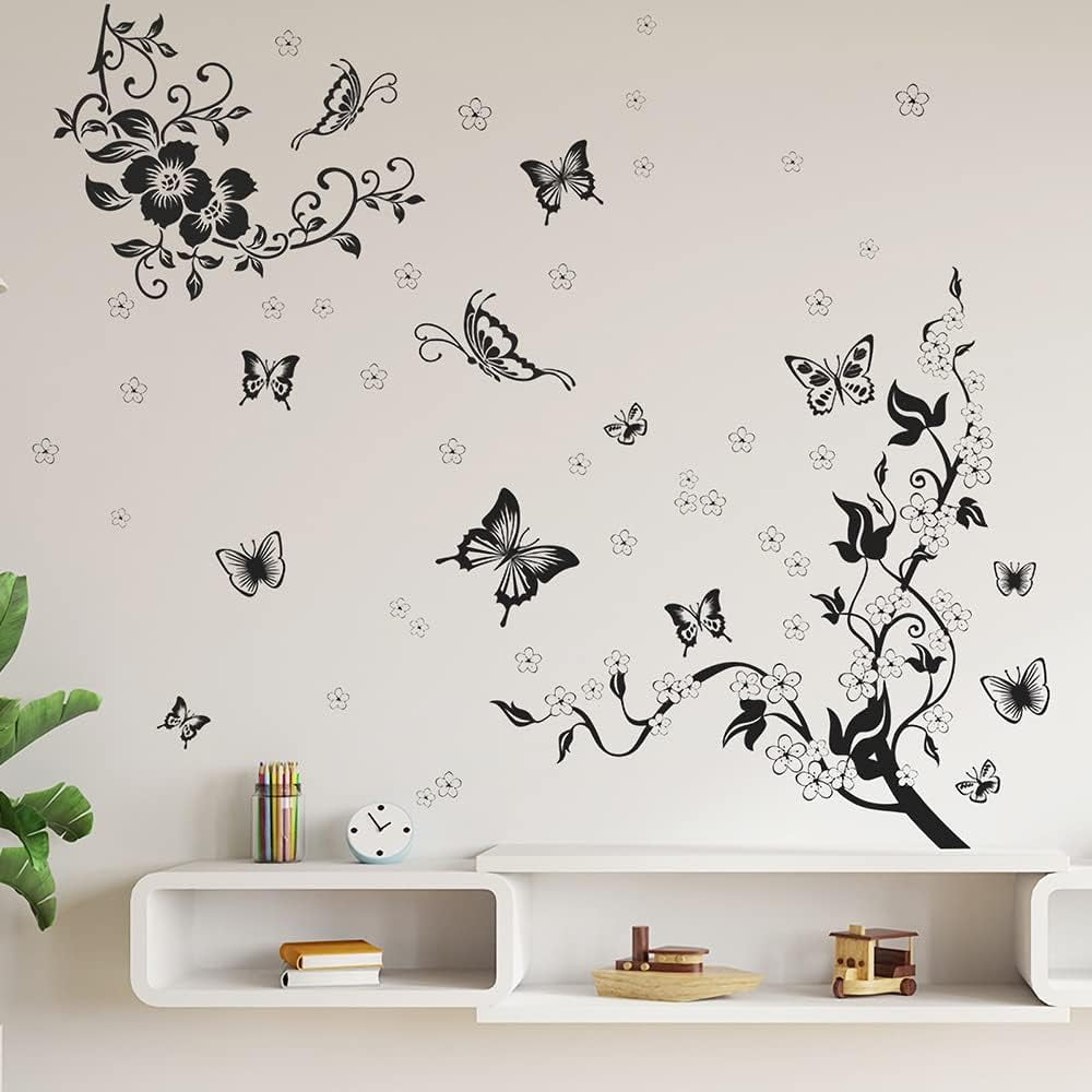 Wall Decals Black Flowers Wall Stickers Butterfly Wall Decor Removable ...