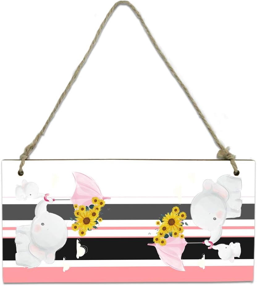 Wall Decor Sign Welcome Sign Cartoon Cute Elephant with Umbralle Wooden ...