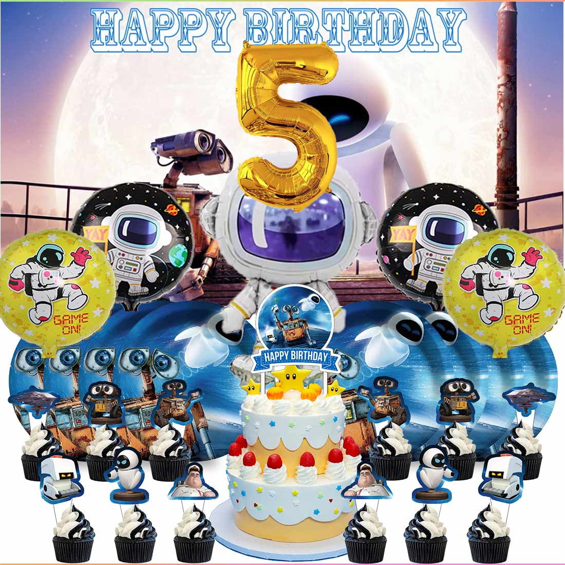 Wall E 5th Tableware Balloons Cake Toppers Backdrop Banner Supplies ...