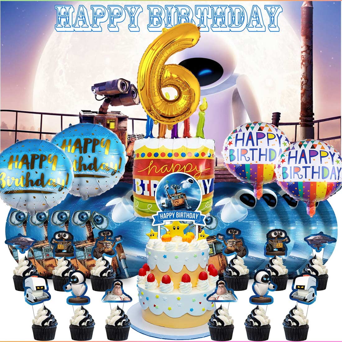 Wall E 6th Tableware Balloons Cake Toppers Backdrop Banner Supplies ...