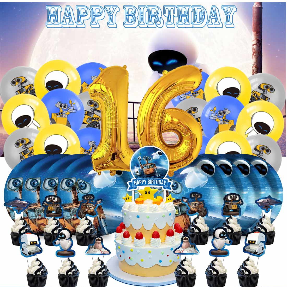 Wall E Balloons Party Supplies 16th Decor Tableware Birthday Cake Topper Decorations Banner ...