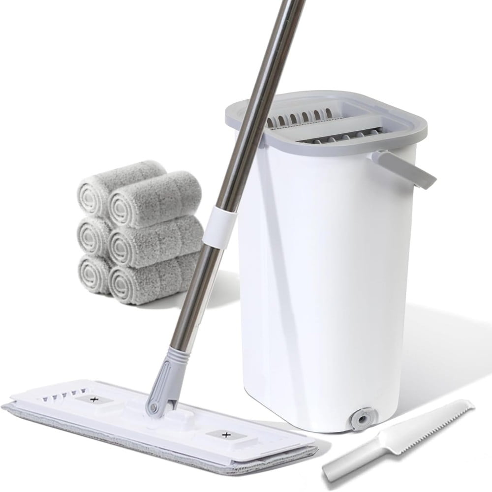 Wall Floor Mop Kit: Long Handle Scrubber with Wringer Bucket Washable ...