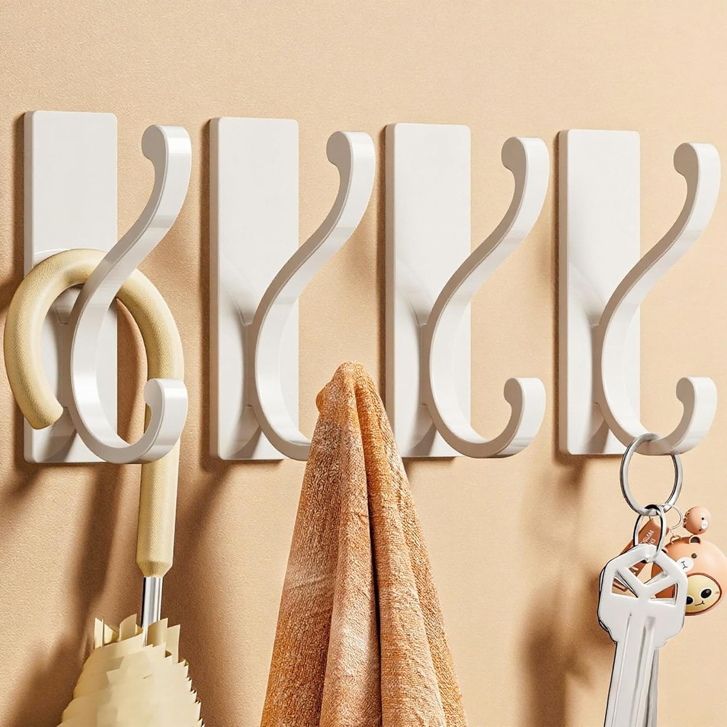 Wall Hooks Coat Hooks White, 4 Pack Self Adhesive Hooks Wall Mount for ...
