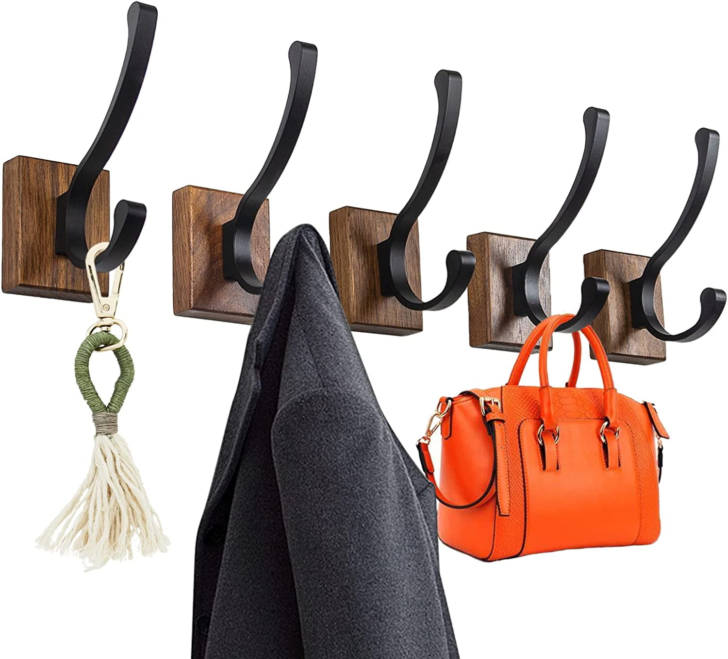 Wall Hooks for Hanging Coats- 5 Pack Coat Hooks Wall Mounted. Wooden ...