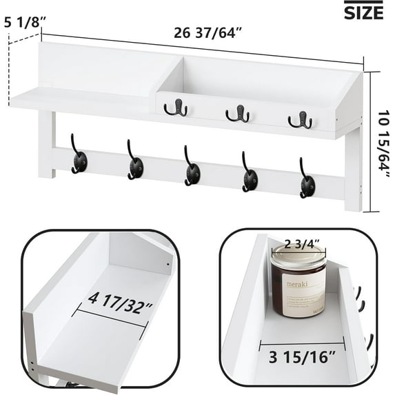 Wall Hooks with Shelf, 26.57 Inch Entryway Wood Coat Hooks for Wall ...