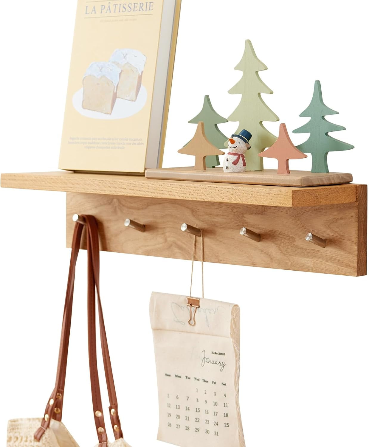 Wall Hooks with Shelf Oak Wood Coat Rack Shelf Wall Mounted, Entryway ...