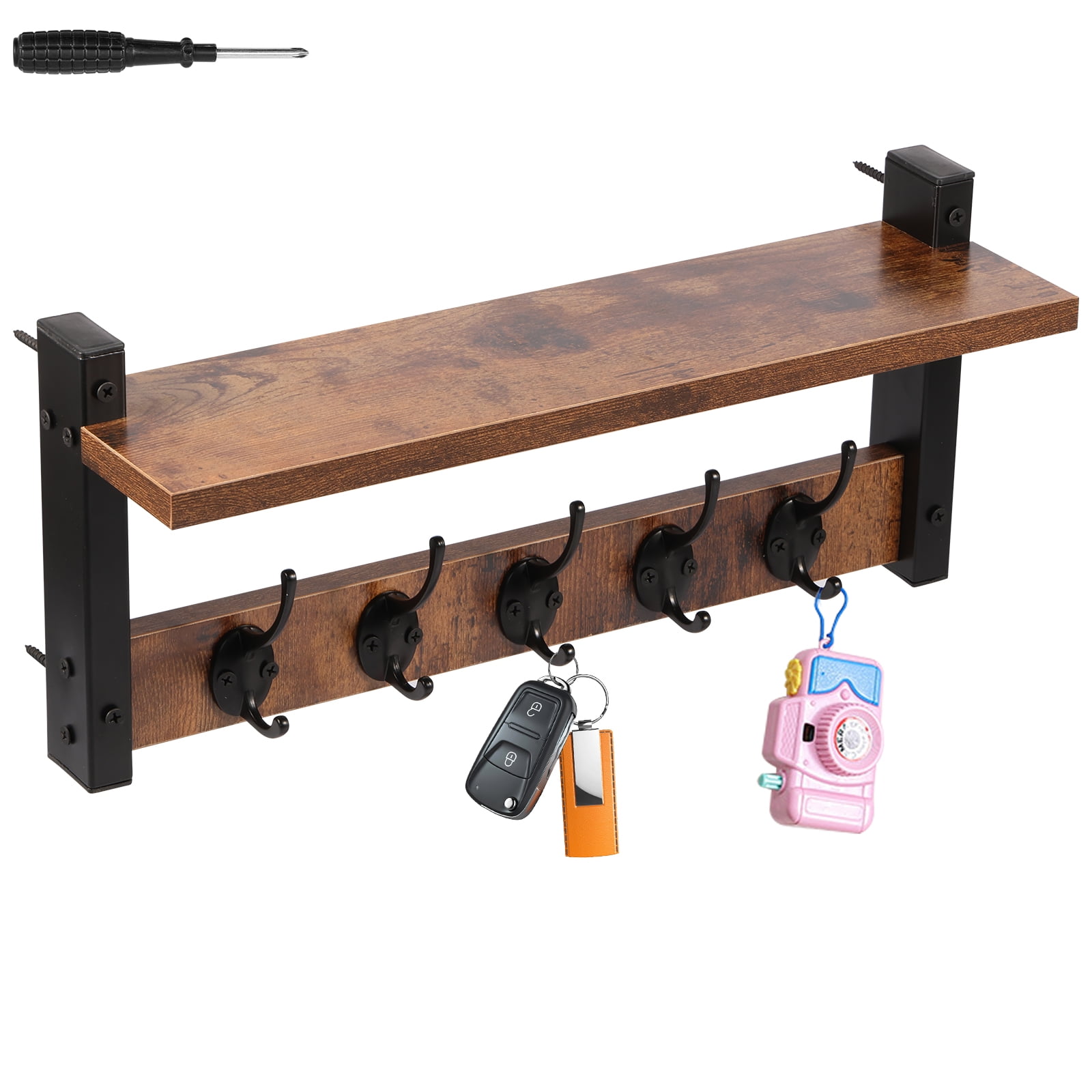 Wall Hooks with Shelf Sturdy Wood Entryway Hanging Shelf with 5 Hooks ...