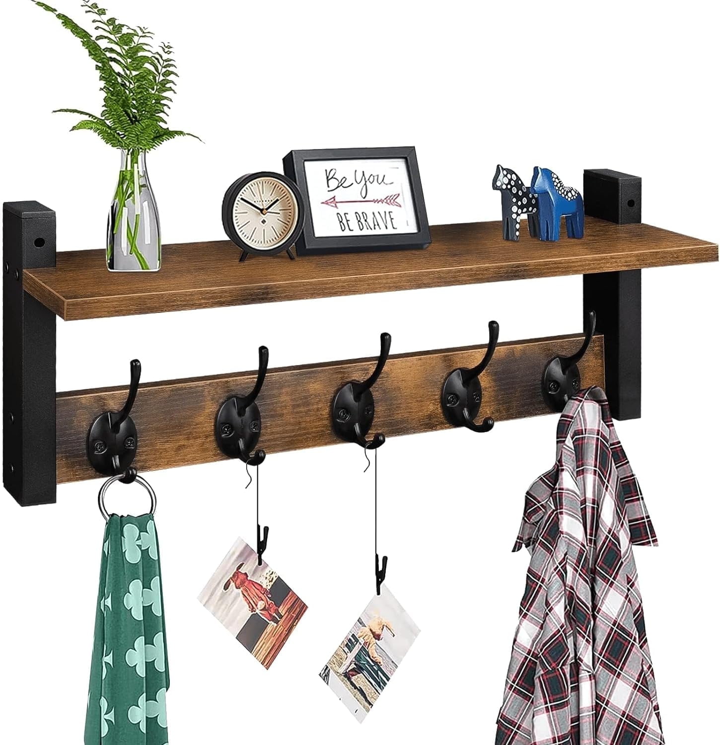 Coat Rack Wall Mount, 17" Wood Wall Shelf with 5 Hooks, Hat Rack for ...