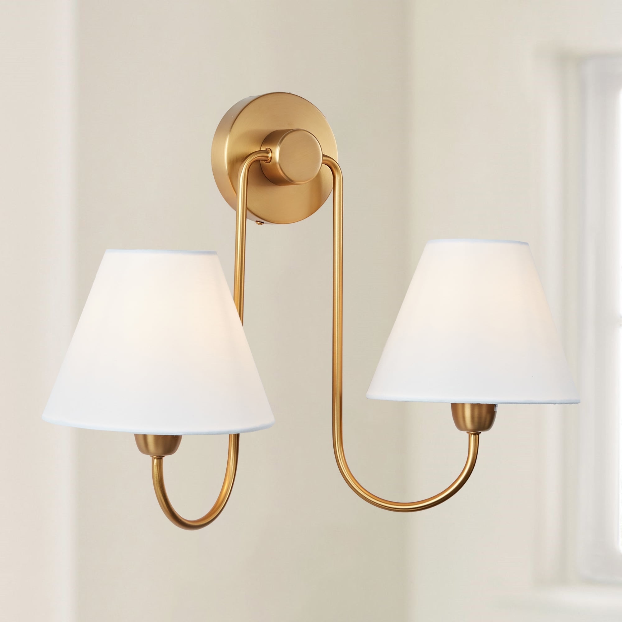 Mid-Century Conical White Linen Shade Antique Brass Double Wall-Mounted ...