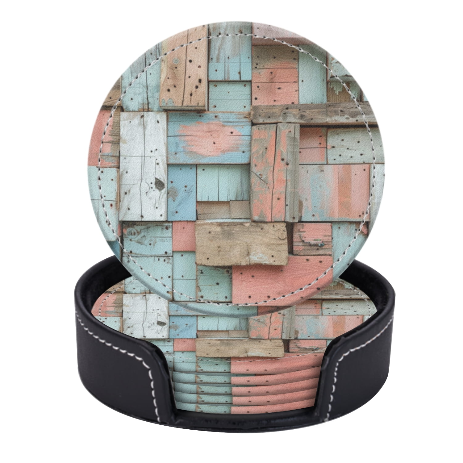PU Leather Coasters for Drinks Bar Beer,Set of 6 with Holder,Round ...