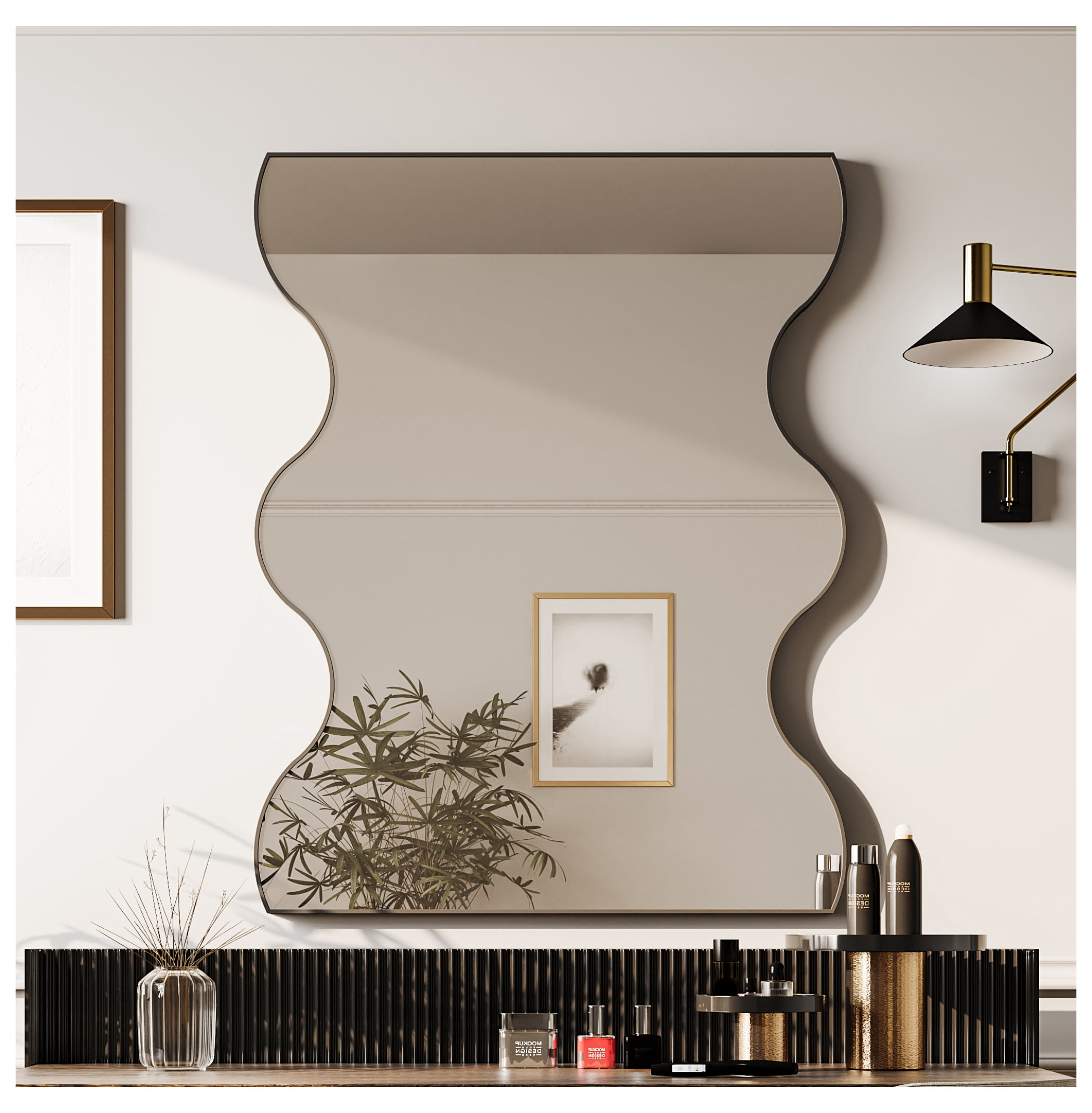 Wall Mirror 30x35 Inch Black Rectangular Mirror with 2 Wavy Sides Metal ...