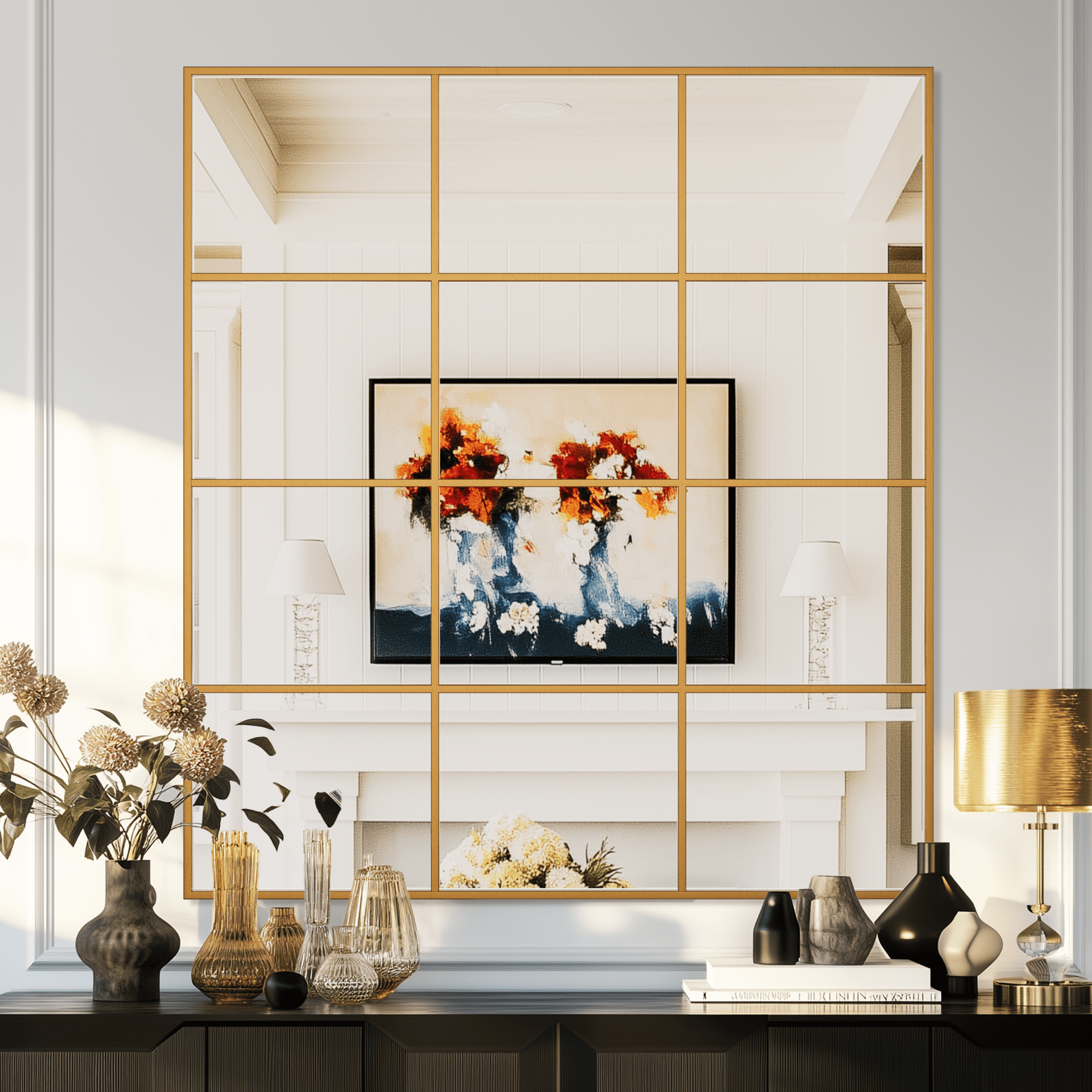 Wall Mirror 36" x 40", Window Pane Grid Mirror Modern Style for Bedroom ...