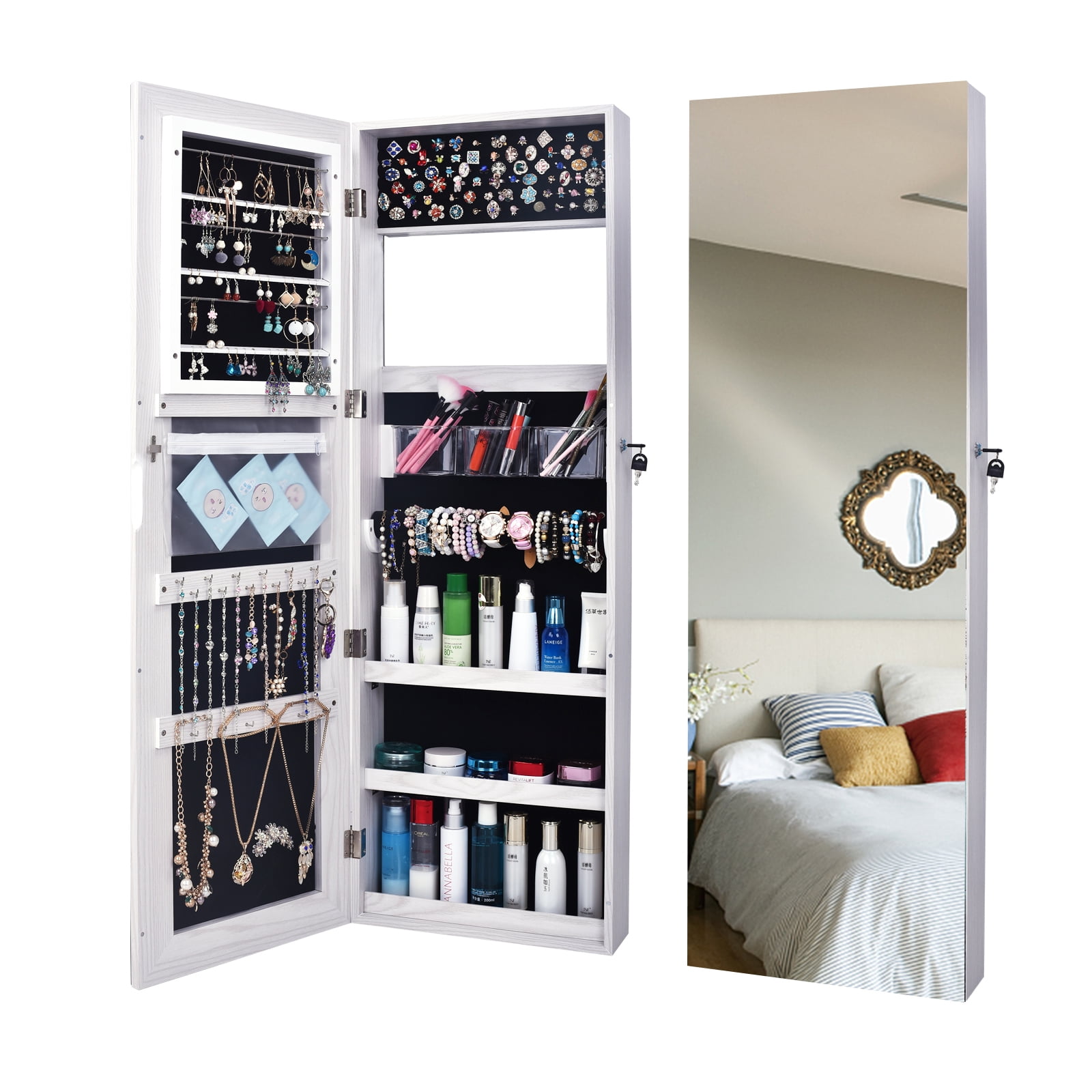 Wall Mirror Jewelry Cabinet Lockable Jewelry Armoire Organizer with Full Length Mirror Dressing Makeup Jewelry Storage White