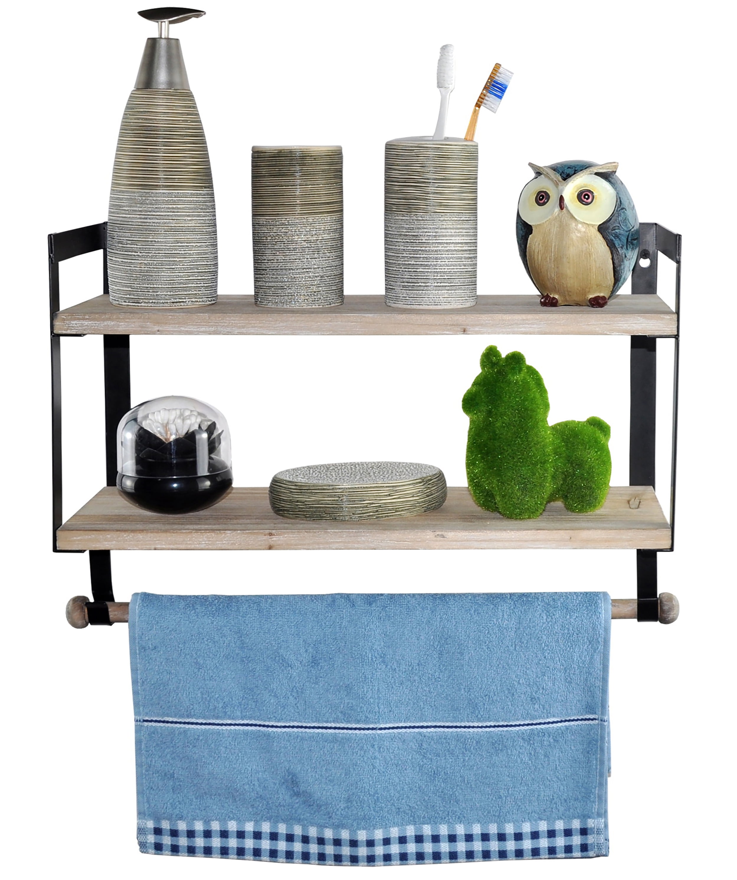 Wall Mount 2-Tier Shelf with Rustic Grey Wood and Black Metal Brackets ...