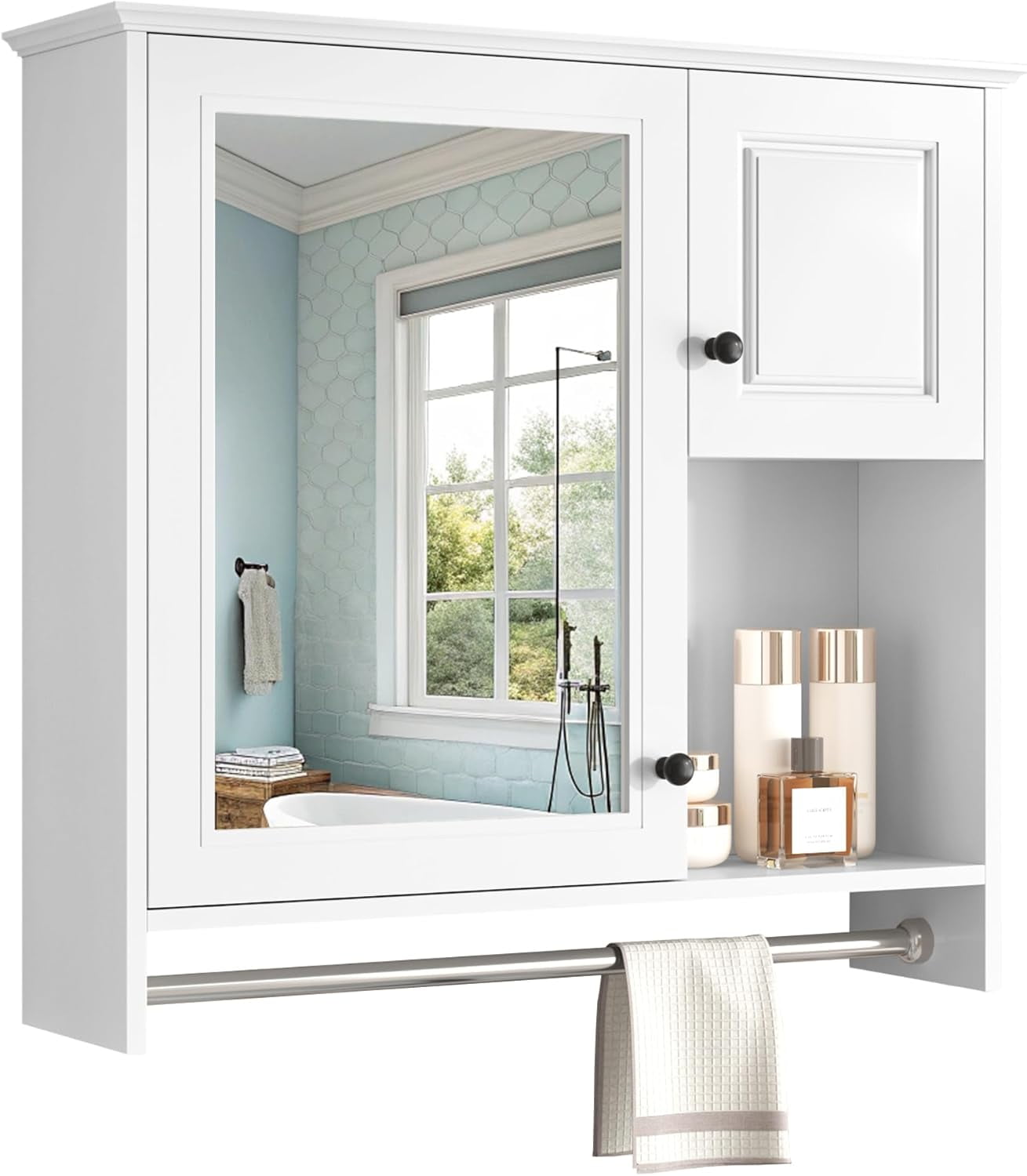 Wall Mount Bathroom Cabinet with Mirror, Open Shelf, and Towel Bar, 30 ...