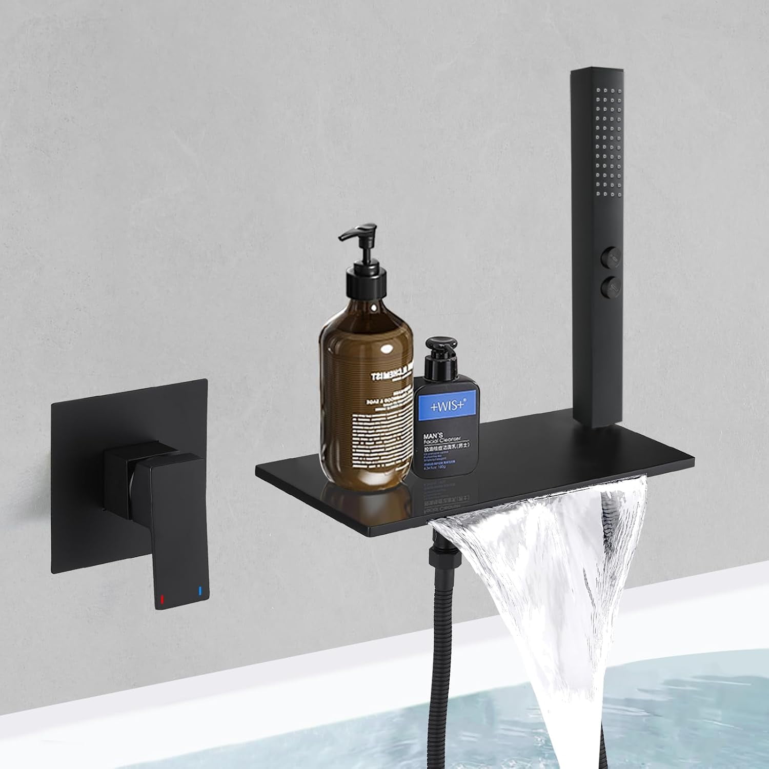 Wall-Mount Brass Waterfall Bathtub Faucet with 2-in-1 Handheld ...