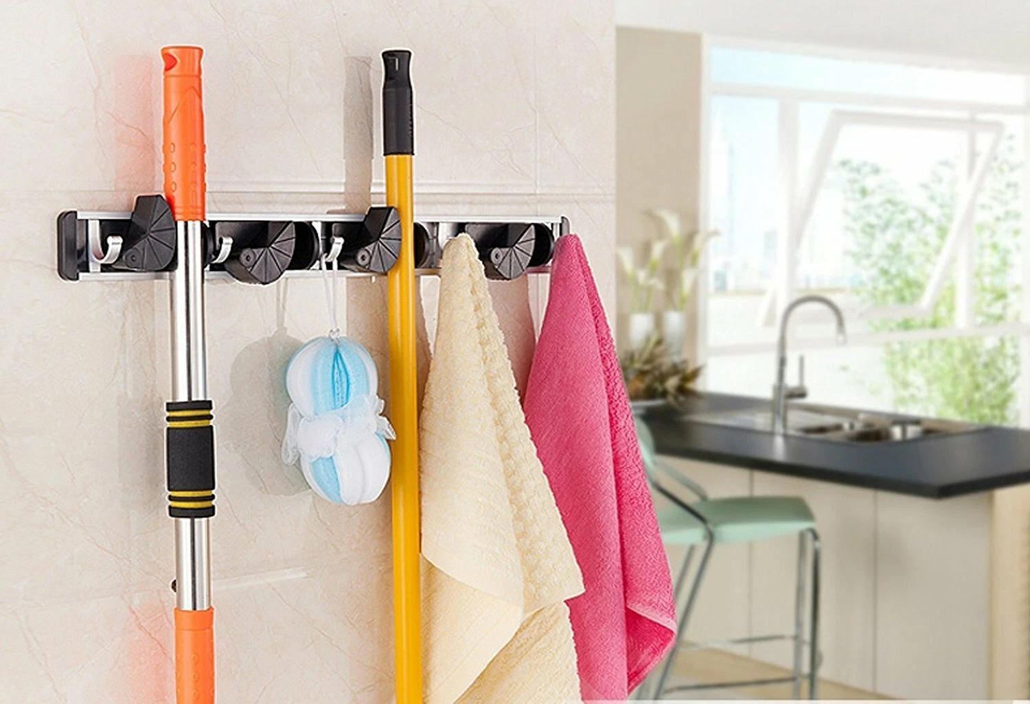Wall Mount Broom Clamp Holder 4 Positions Grip Organizer & 5 Hooks Rack ...