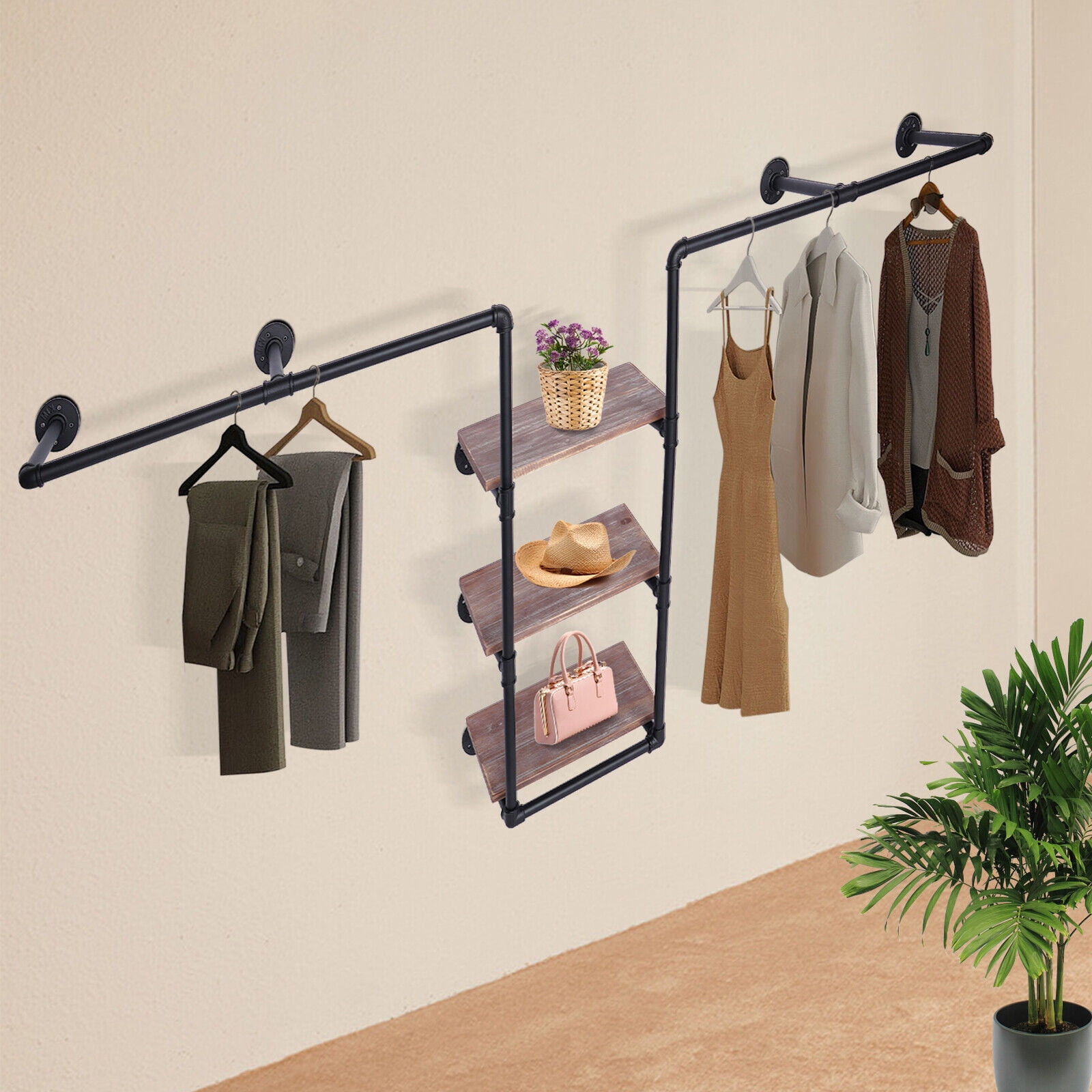 Wall Mount Clothing Rack W/ 3 Tiers Wood Shelf,Industrial Pipe Free ...