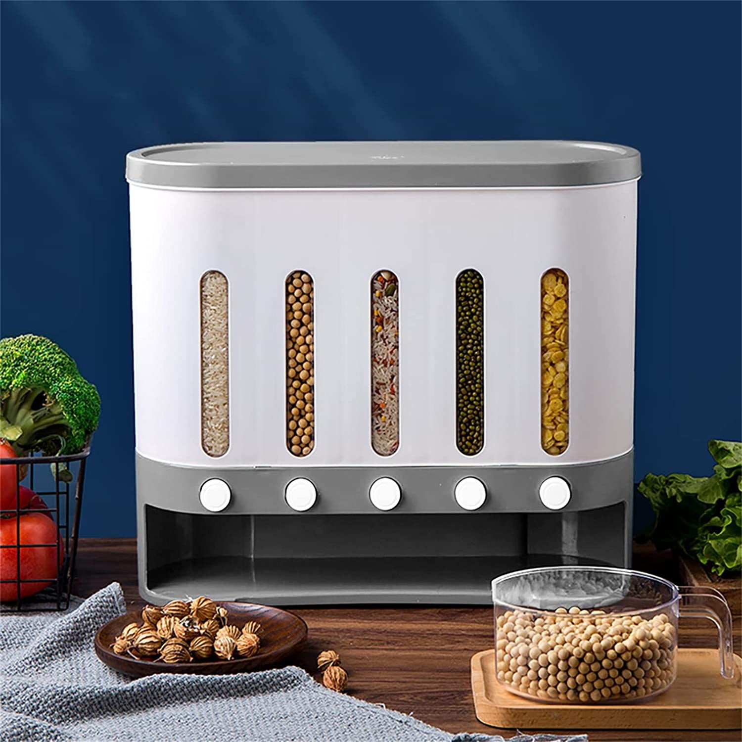 Wall Mount Dry Food Dispenser, 5 Grid Countertop Rice Coffee Bean ...