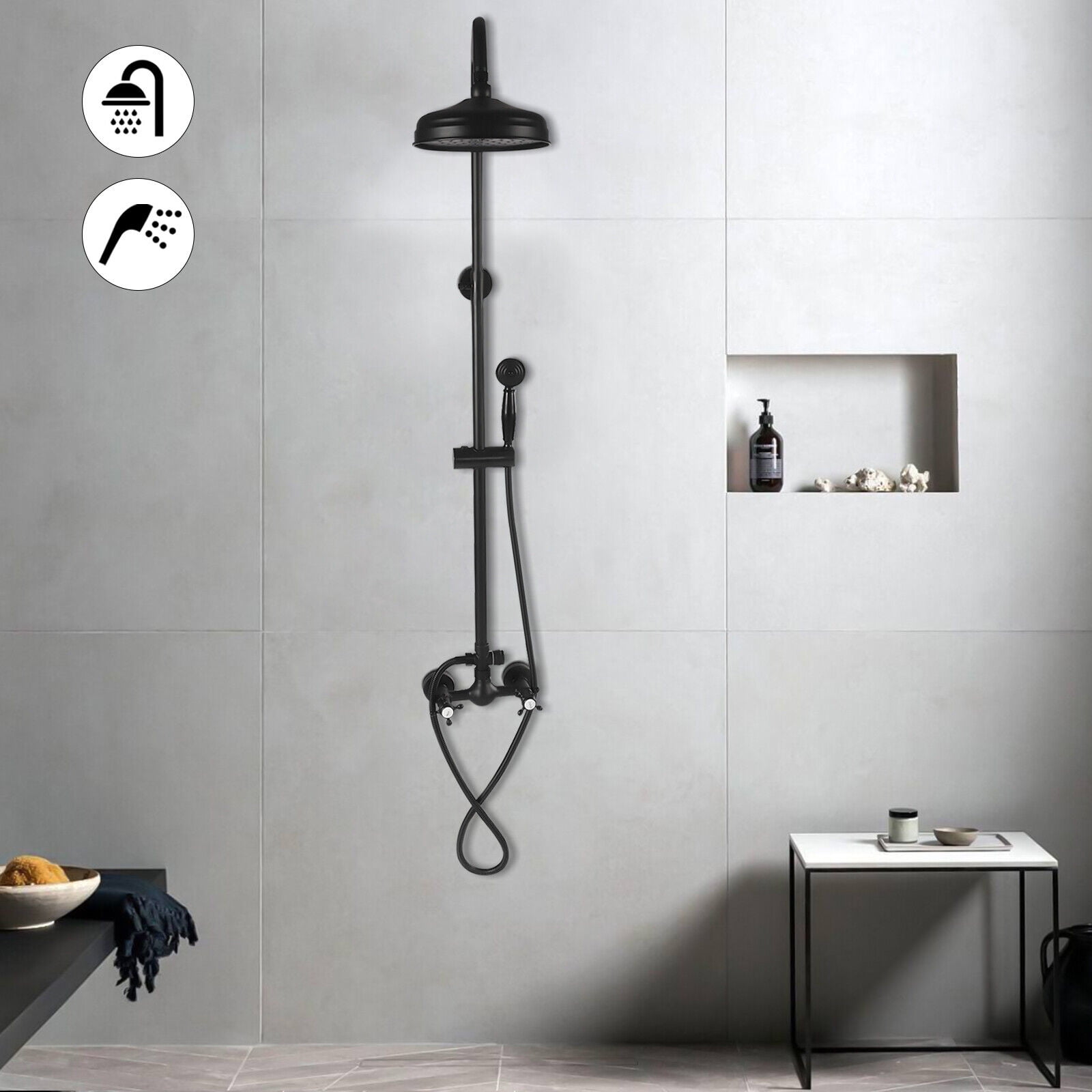 Wall Mount Exposed Shower Faucet Set 8" Rain Hand Shower Mixer Double ...