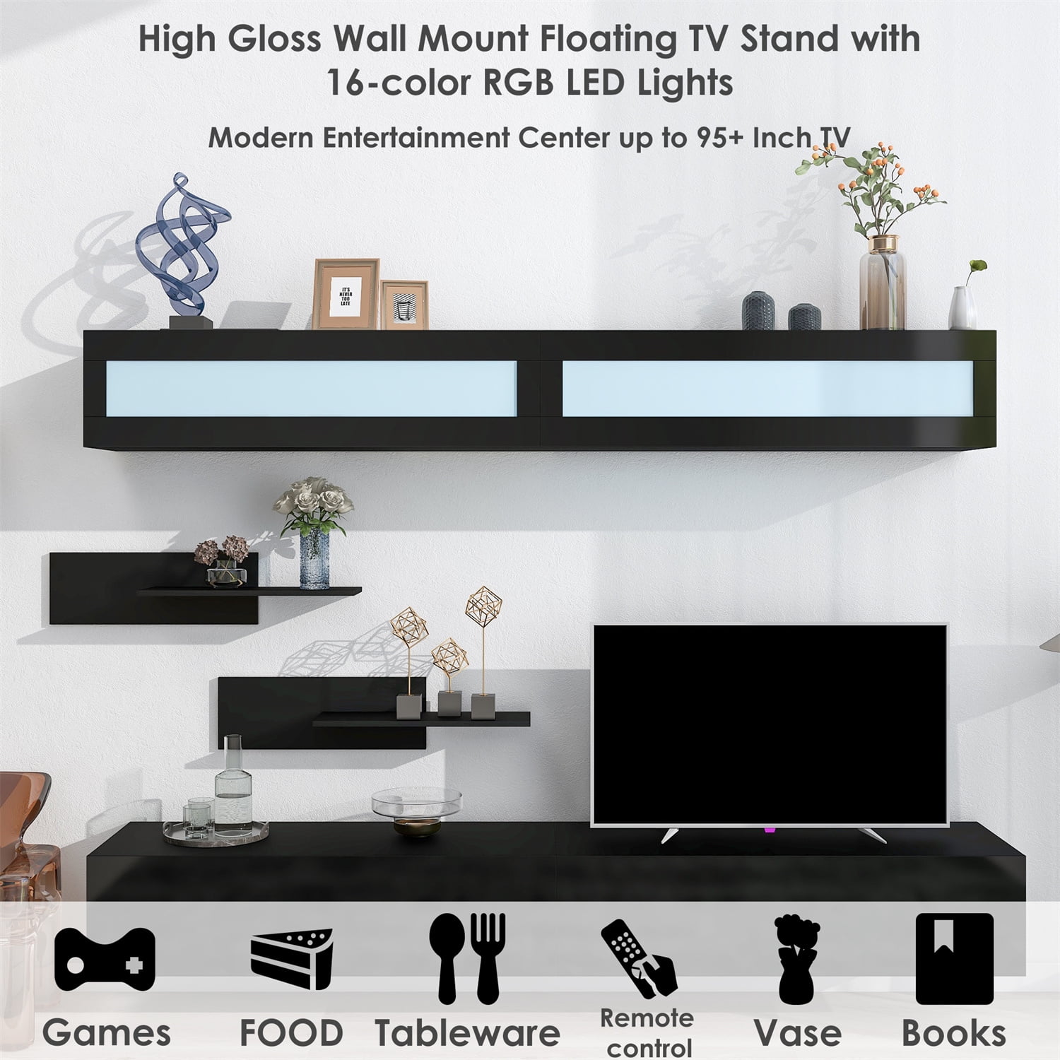 Wall Mount Floating TV Stand for 95+ Inch TV with 16 Color RGB LED ...