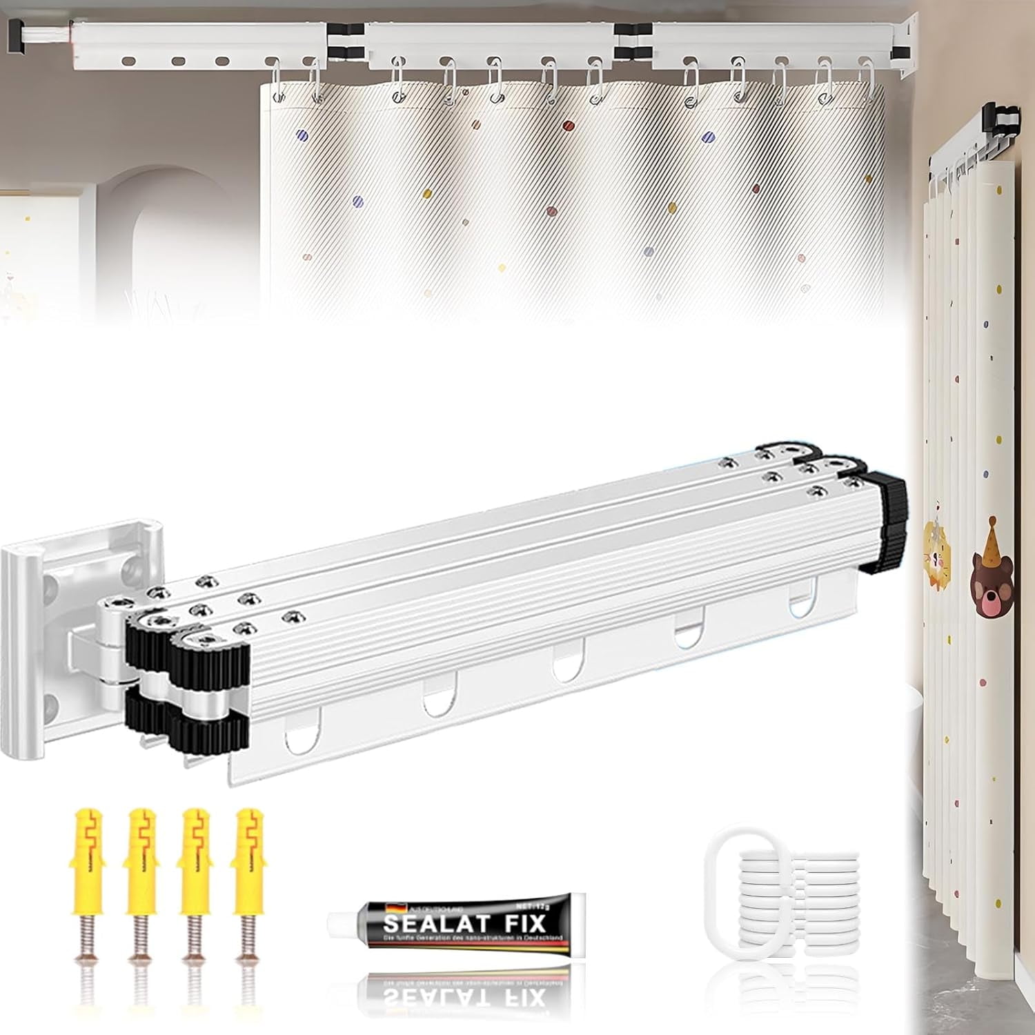 Wall Mount Folding Shower Curtain Rod, 42 Inches Shower Curtain Rod(3 ...