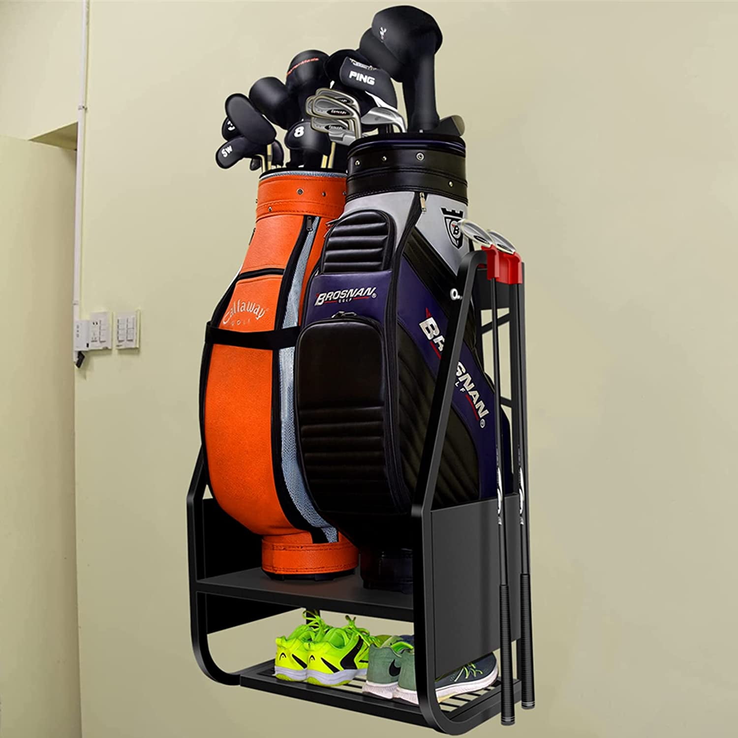 Wall Mount Golf Bag Organizer Extra Large 2 Golf Bags Stand Golfing Equipment and Accessories ...