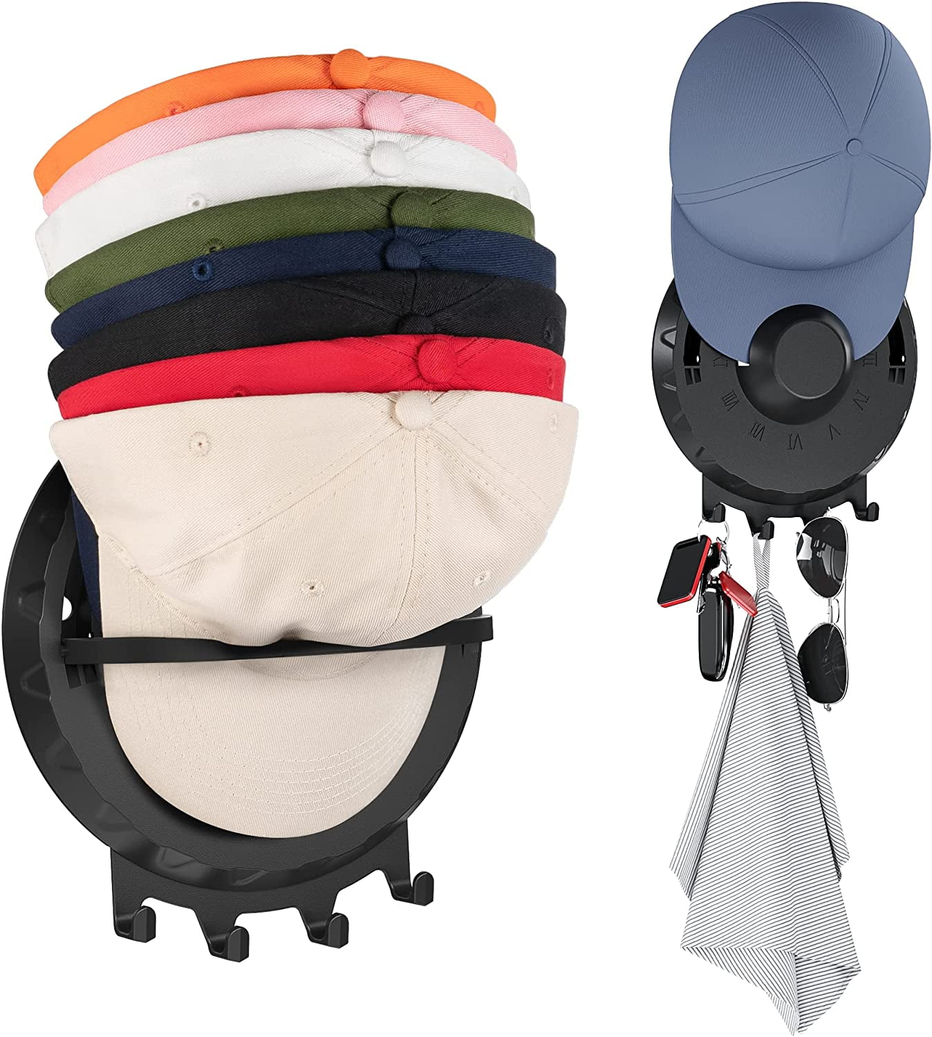 Wall Mount Hat Rack, Clock Shape Design Hat Organizer with Hooks, Hat ...