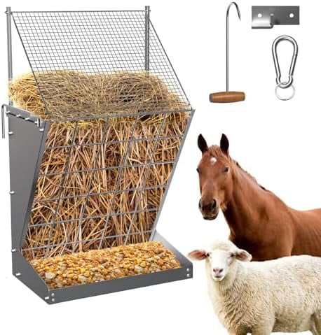 Wall Mount Hay Rack, 2 in-1 Goat Hay Feeder with Hook, 19 Gallons Heavy Duty Galvanized Wall Hay ...