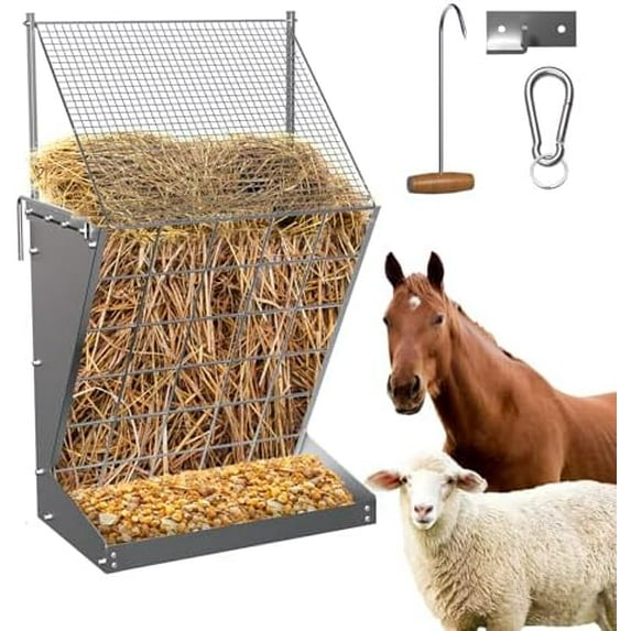 Wall Mount Hay Rack, 2 in-1 Goat Hay Feeder with Hook, 19 Gallons Heavy Duty Galvanized Wall Hay ...