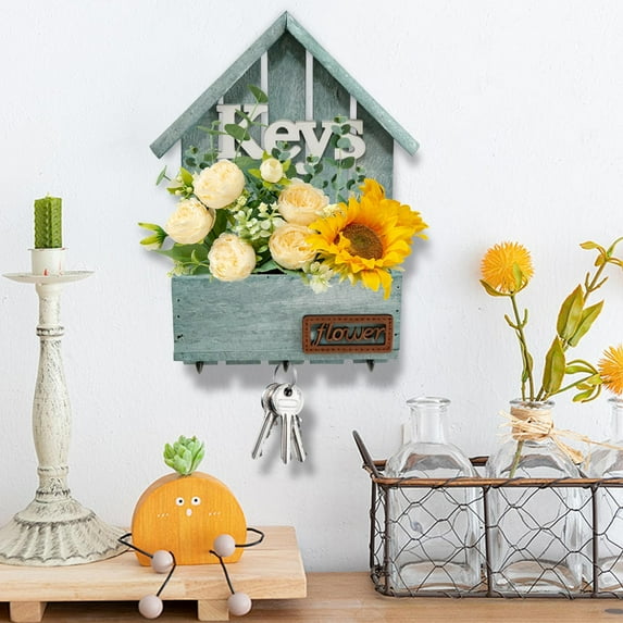 Wall Mount Key Holder with Hooks Wood and Iron Entryway Organizer for ...