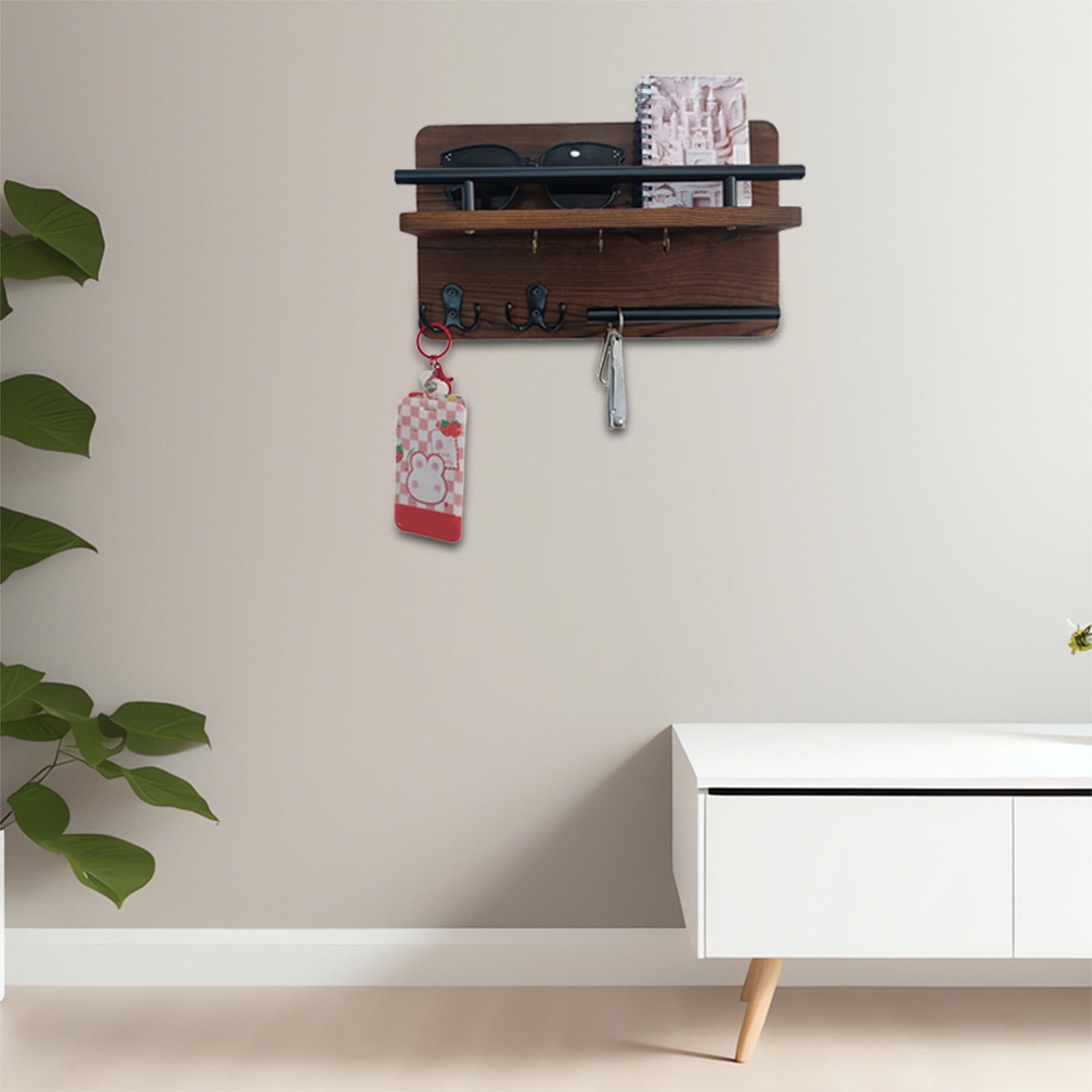 Wall Mount Key Hooks, Iron+Wood Entryway Organizer with Hooks, Space ...