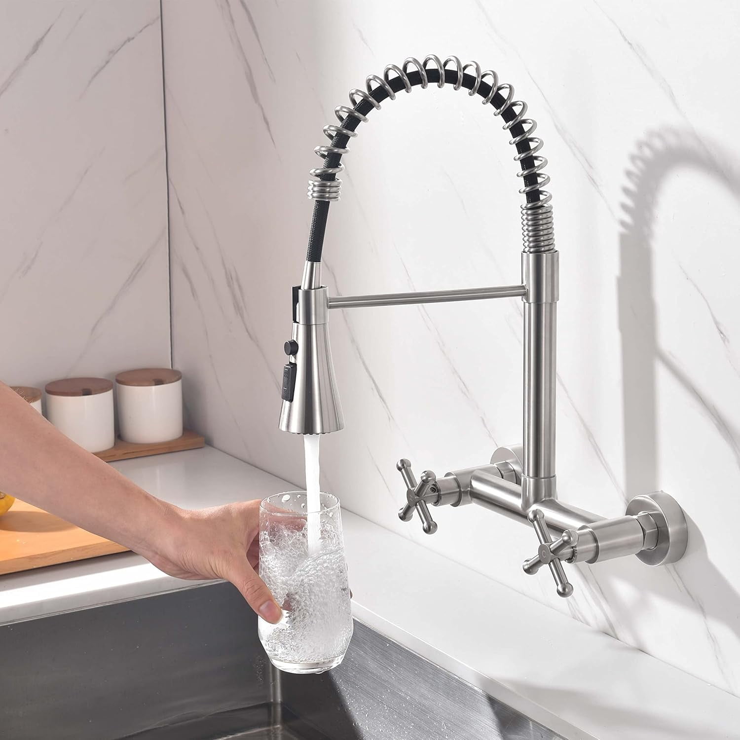 Wall Mount Kitchen Sink Faucet with Pull Out Sprayer Commercial Spring ...