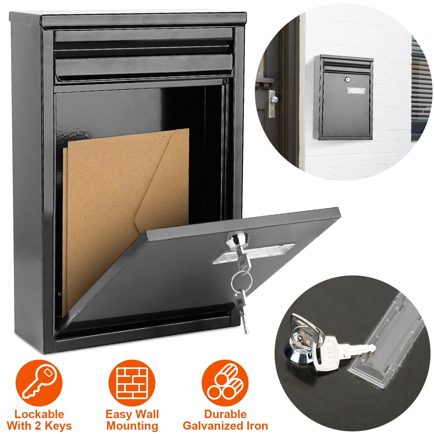 Lockable Wall Mount Mailbox - Galvanized Iron Letter Post Box with 2 ...