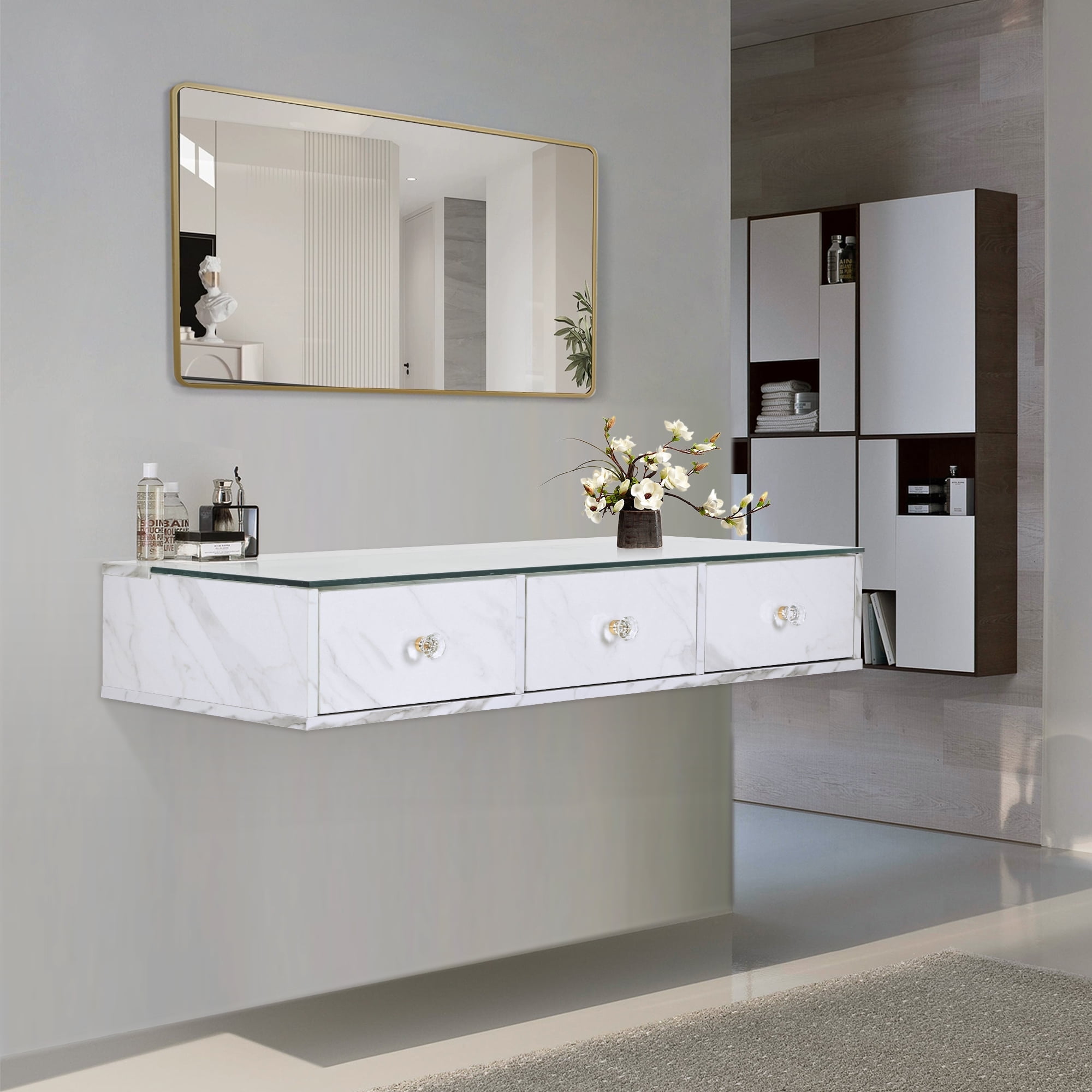 Wall Mount Salon Station Barber Cabinet with Drawers, Glass Top, Hair ...