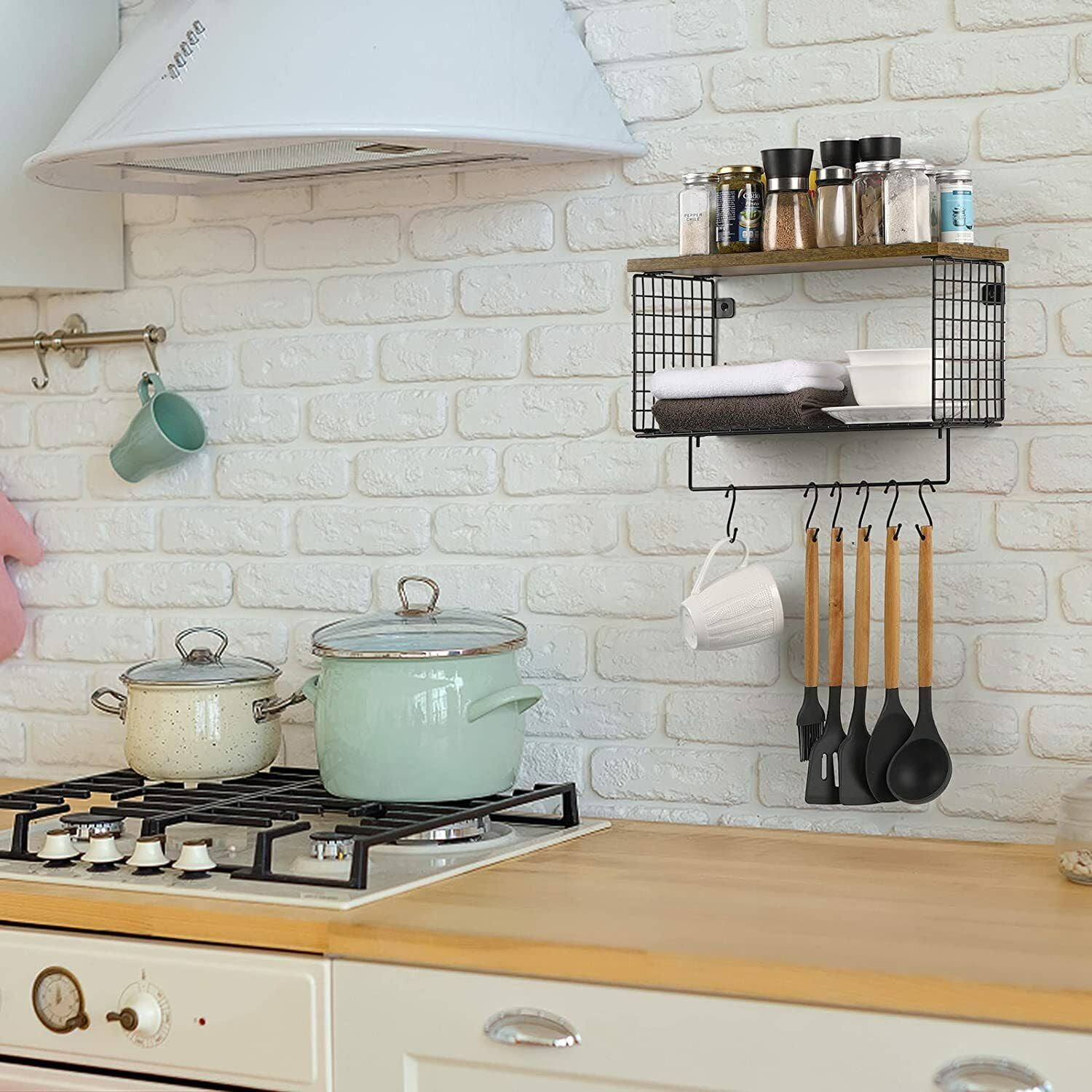 Wall Mount Shelf with Hooks Entryway Shelf with Storage Cabinets Coat ...