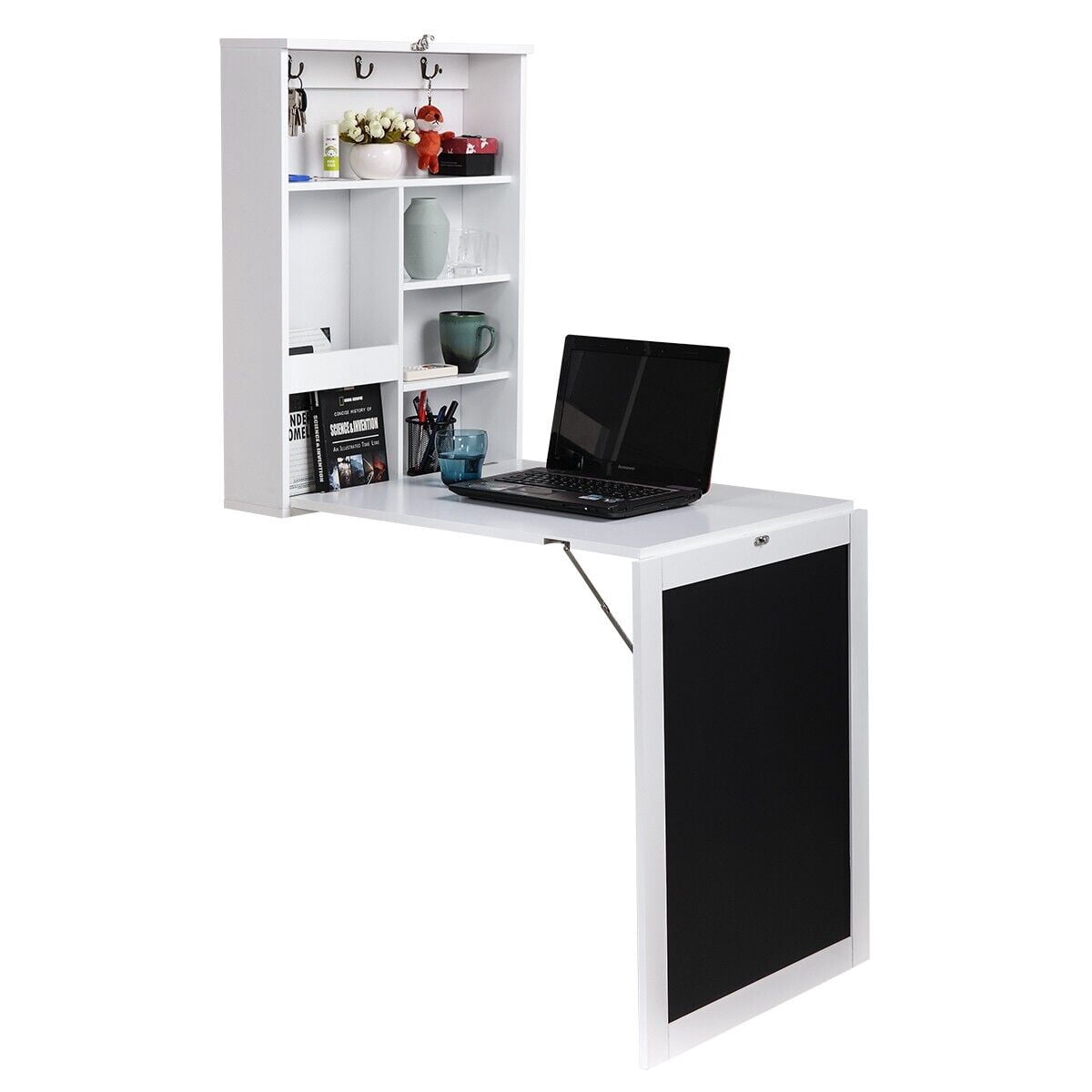Wall Mount Writing Table Folding Computer Desk w/ Storage Bookshelf ...