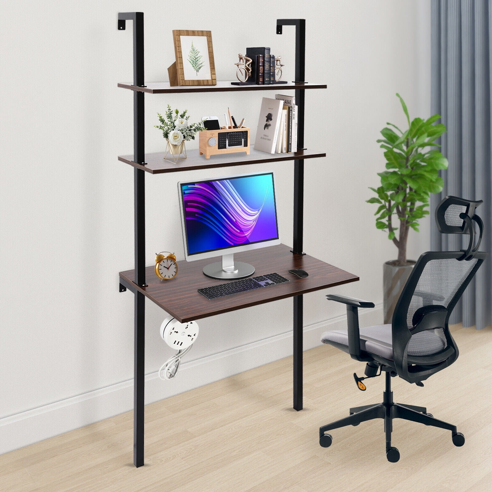 Wall Mount Writing Table Working Desk with Storage Bookshelf Floating ...