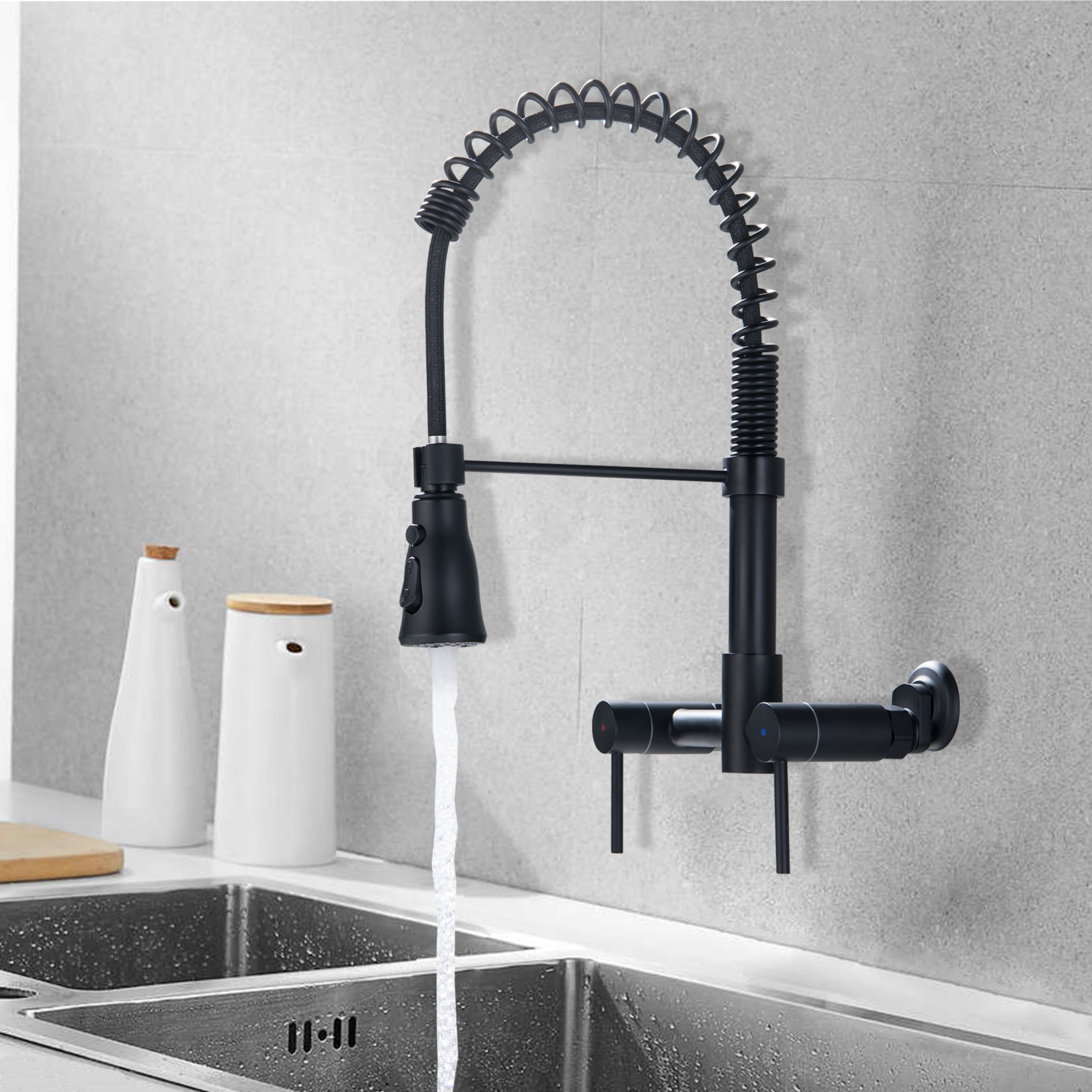 Wall Mounted 3-Way Black/Gold Rotary Kitchen Faucet with Pull Down ...