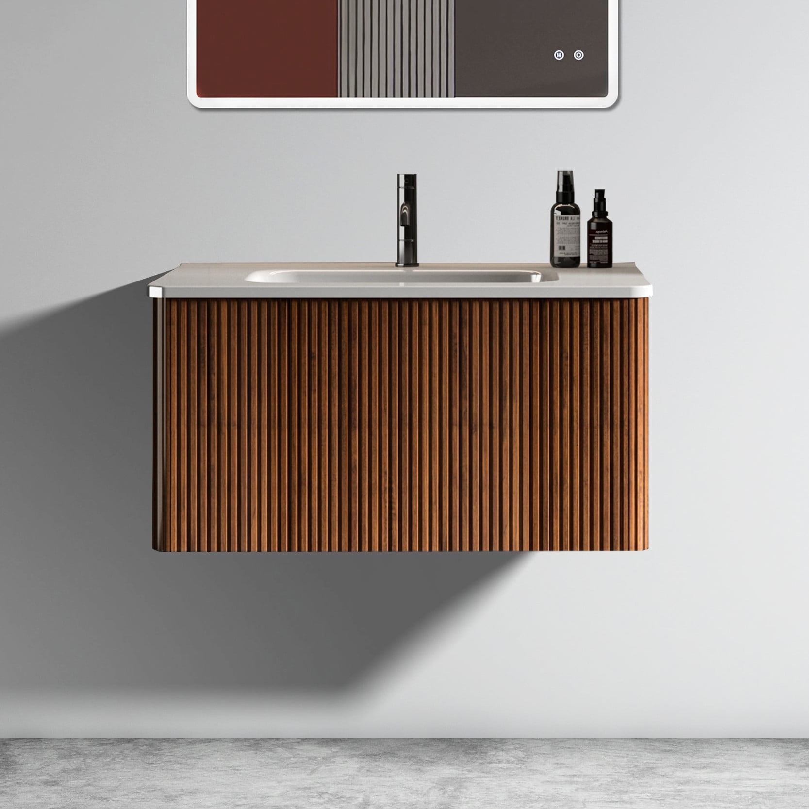 Wall Mounted 30" Striped Walnut Bathroom Vanity with Ceramic Sink ...