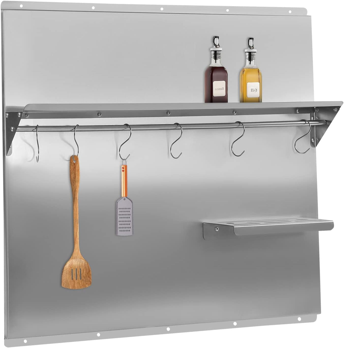 Wall-Mounted Backsplash Stainless Steel Range Shelf with 6 Hooks Cross ...