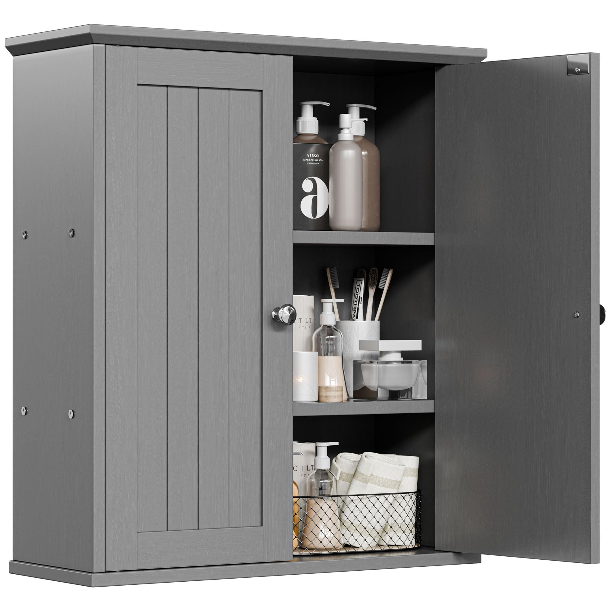 Wall Mounted Bathroom Cabinet with 2 Doors, 3-Tier Adjustable Shelves ...