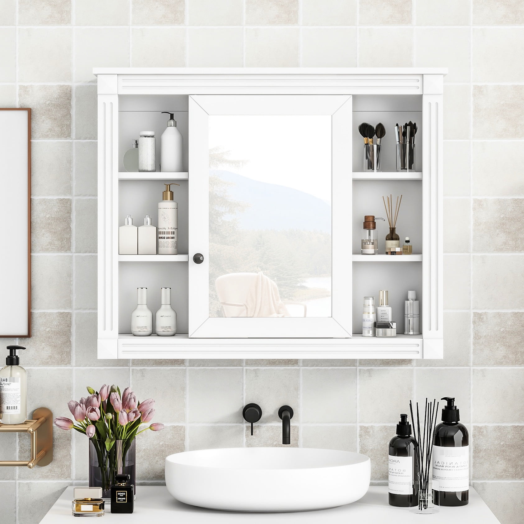 Wall-Mounted Bathroom Mirror Cabinet with Concealed Center Door, MDF ...